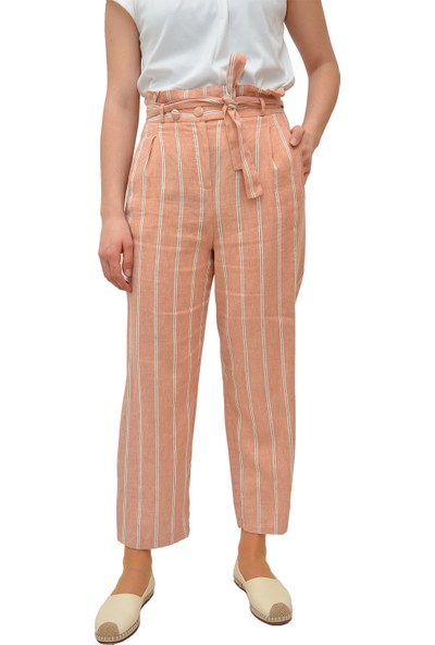 Anitabella Kiremit Çizgili Kemerli Keten Pantolon Anitabella Kiremit Çizgili Kemerli Keten Pantolon