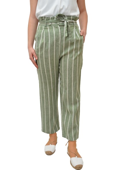Anitabella Yeşil Çizgili Kemerli Keten Pantolon