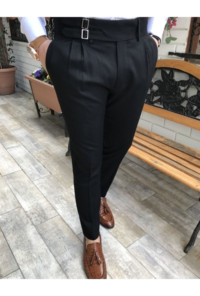 Terzi Adem İtalyan Kesim Kemerli Pileli Siyah Kumaş Pantolon T3384