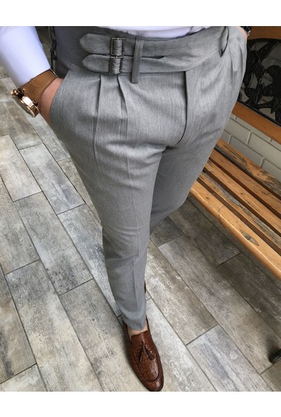 Terzi Adem İtalyan Kesim Korse Kemerli Pileli Gri Kumaş Pantolon T3389