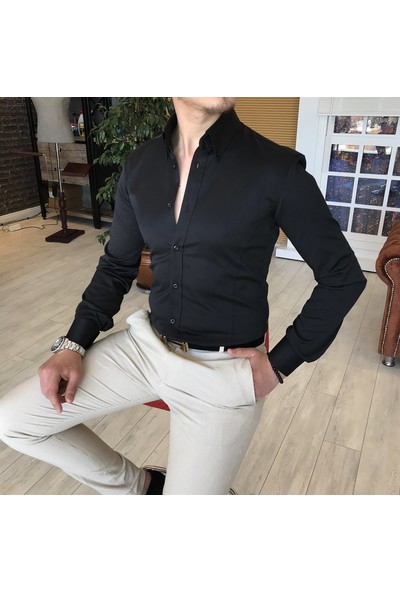Terzi Adem İtalyan Stil Slim Fit Dik Yaka Saten Erkek Gömlek Siyah T4739 Terzi Adem İtalyan Stil Slim Fit Dik Yaka Saten Erkek Gömlek Siyah T4739