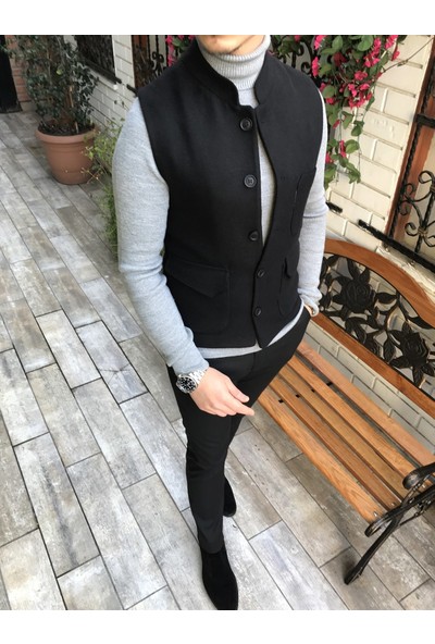 Terzi Adem İtalyan Stil Slim Fit Kaşe Hakim Yaka Cepken Yelek Siyah T4428 Terzi Adem İtalyan Stil Slim Fit Kaşe Hakim Yaka Cepken Yelek Siyah T4428