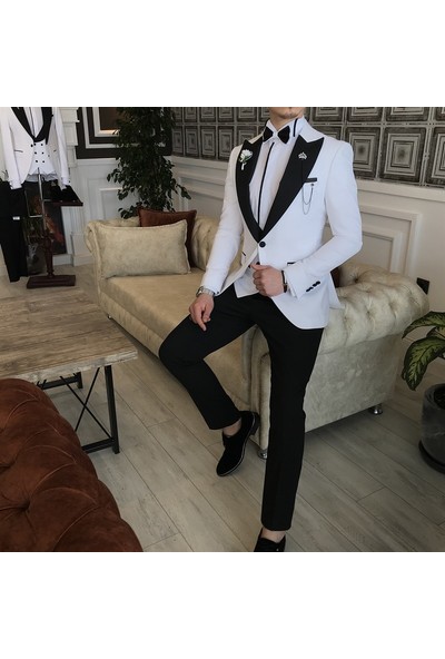 Terzi Adem İtalyan Kesim Ceket Yelek Pantolon Beyaz Damatlık Set T3457