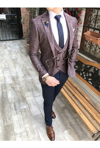 Terzi Adem İtalyan Stil Ceket Yelek Pantolon Bordo 8 Drop Takım T3441