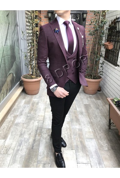 Terzi Adem İtalyan Stil Ceket Yelek Pantolon Bordo 8 Drop Takım T3451