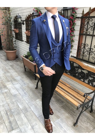 Terzi Adem İtalyan Stil Ceket Yelek Pantolon Mavi 8 Drop Takım T3449