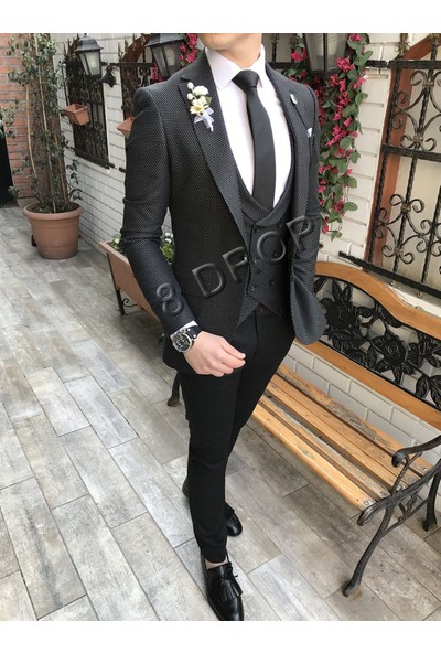 Terzi Adem İtalyan Stil Ceket Yelek Pantolon Siyah 8 Drop Takım T3455