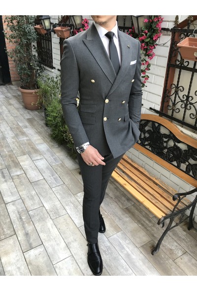 Terzi Adem İtalyan Stil Kruvaze Ceket Pantolon Takım Elbise Antrasit T4345 Terzi Adem İtalyan Stil Kruvaze Ceket Pantolon Takım Elbise Antrasit T4345