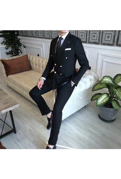 Terzi Adem İtalyan Stil Kruvaze Ceket Pantolon Takım Elbise Siyah T4340