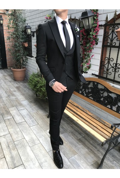 Terzi Adem İtalyan Stil Slim Ceket Yelek Pantolon Siyah Takım Elbise T3689 Terzi Adem İtalyan Stil Slim Ceket Yelek Pantolon Siyah Takım Elbise T3689