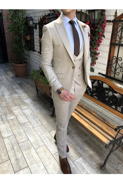 Terzi Adem İtalyan Stil Slim Fit Ceket Yelek Pantolon Bej Takım Elbise T3709 Terzi Adem İtalyan Stil Slim Fit Ceket Yelek Pantolon Bej Takım Elbise T3709
