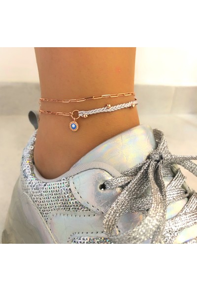 Silverofmatmazel Çift Sıra Zincirli Nazar Göz Halhal (G)