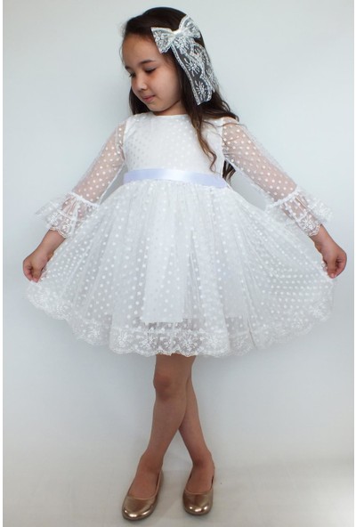 Masal Dünyası Beyaz Dantelli Kız Çocuk Elbise