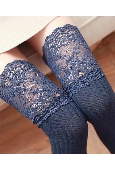 Merry See Parfümlü Dantelli Örgü Diz Üstü Jartiyer Çorap Lacivert