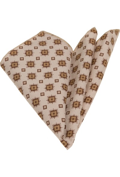 Exve Exclusive Krem Kahve Kareli Baskılı Cep Yaka Mendili