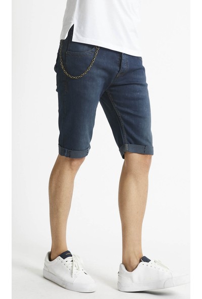 Denim Republic Erkek Lacivert Zincirli Şort Jean Karpi Bermuda
