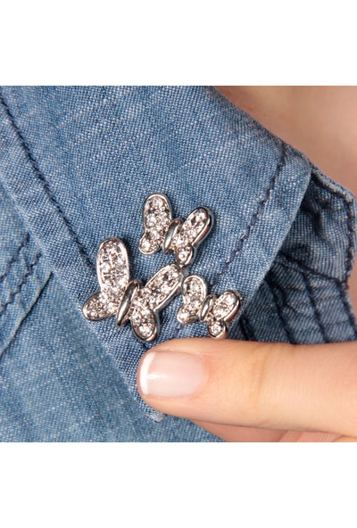 Modex Rodyum Kelebekler Taşlı Yaka Broşu