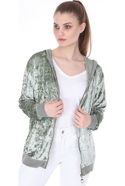 Pua Fashion Haki Kadife Kapşonlu Sweat-Shirt