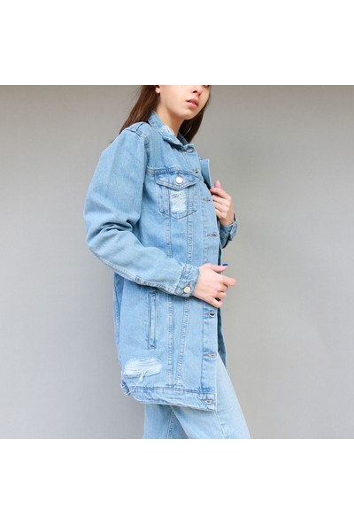 Vohoshop Kadın Lazer Yırtıklı Mavi Uzun Kot Ceket