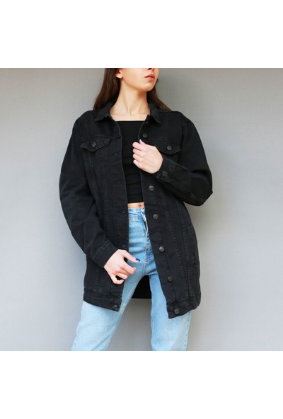 Vohoshop Kadın Siyah Uzun Kot Ceket