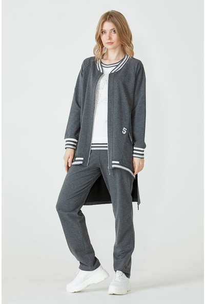 Sementa Kadın Arkası Uzun Fermuarlı Cepli 3'lü Eşofman Takımı - Antrasit