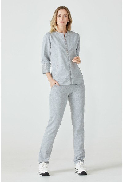 Sementa Kadın Sıfır Yaka Taş Detaylı Truvakar Kol Eşofman Takımı - Gri