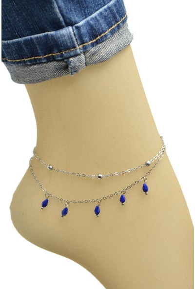 My Konsept Gümüş Kaplama Zincir Şık Halhal Mavi