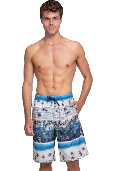 Dagi Erkek Bej-Indıgo Mıcro Uzun Palmiye Desenli Erkek Deniz Şortu Dagi Erkek Bej-Indıgo Mıcro Uzun Palmiye Desenli Erkek Deniz Şortu