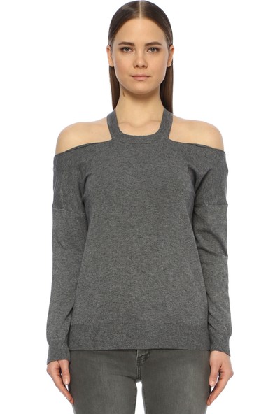 Network Kadın Omuzları Açık Gri Melanj Kazak