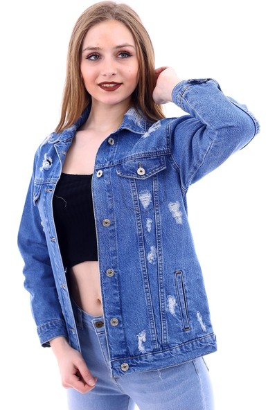 Poniba Kadın Mavi Sırt Yazılı Yırtık Denim Jeans Kot Ceket Poniba Kadın Mavi Sırt Yazılı Yırtık Denim Jeans Kot Ceket
