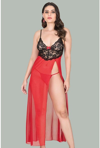 Ruselin Dantelli Tül Gecelik Kırmızı