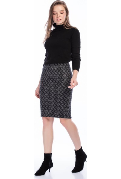 Miss Lusi 8525286 K.Hasır Desenli Beli Lastikli Yırtmaçlı Kalem Etek