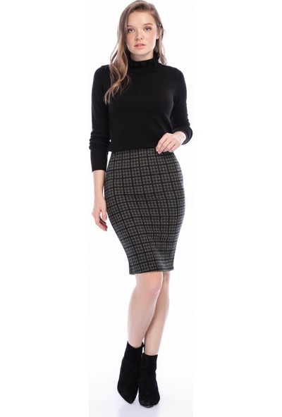 Miss Lusi 8525287 Pitikare Desenli Beli Lastikli Yırtmaçlı Kalem Etek