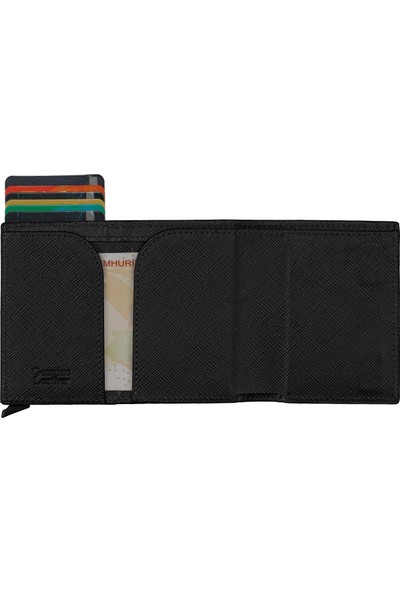 Walsmart Pro Safiano Siyah Akıllı Mekanizmalı Deri Cüzdan -Kartlık