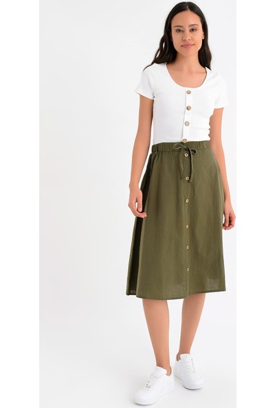 Miss Lusi 9152971 Keten Yıkamalı Önü Düğmeli Beli Lastikli Etek