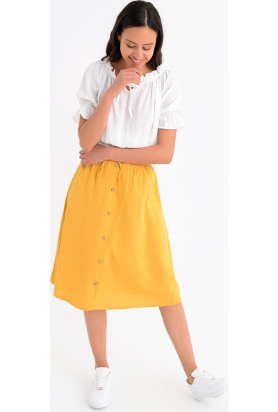 Miss Lusi 9152971 Keten Yıkamalı Önü Düğmeli Beli Lastikli Etek