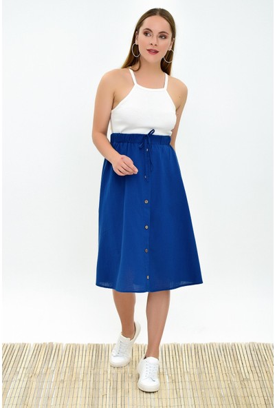 Miss Lusi 9152971 Keten Yıkamalı Önü Düğmeli Beli Lastikli Etek