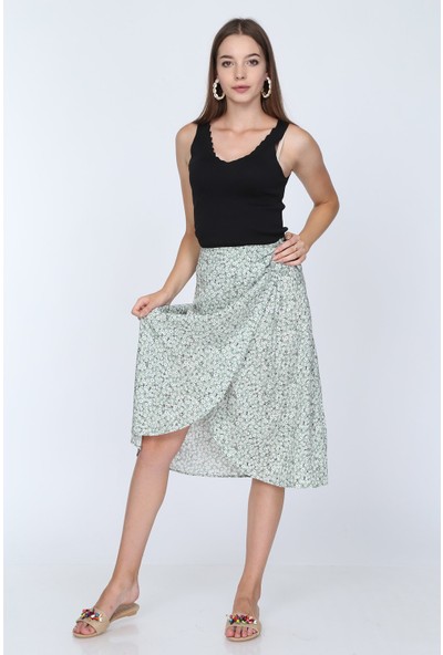 Miss Lusi 9313124 Dok.Viskon Desenli Beli Bağlamalı Anvelop Etek Cicek Desen