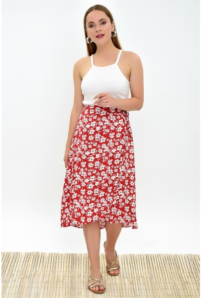 Miss Lusi 9313124 Dok.Viskon Desenli Beli Bağlamalı Anvelop Etek