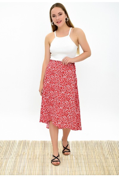 Miss Lusi 9313124 Dok.Viskon Desenli Beli Bağlamalı Anvelop Etek Çiçek Desenli