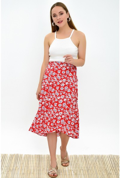 Miss Lusi 9313124 Dok.Viskon Desenli Beli Bağlamalı Anvelop Etek