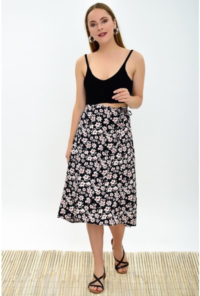 Miss Lusi 9313124 Dok.Viskon Desenli Beli Bağlamalı Anvelop Etek