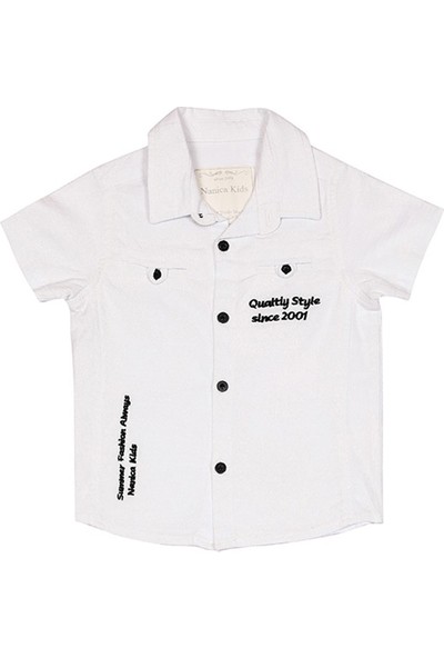 Nanica Baskılı Yakalı Kısa Kol Erkek Bebek Gömlek-Beyaz