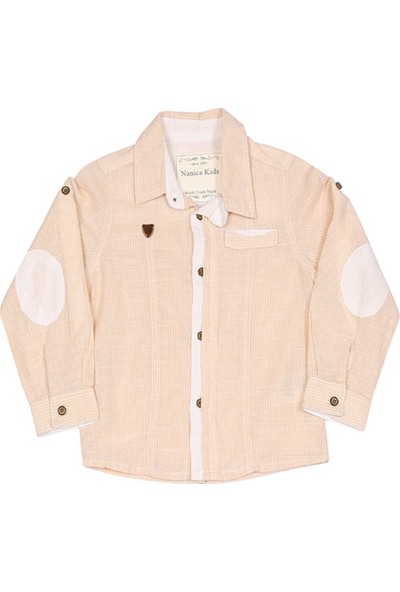 Nanica Çizgili Garnili Uzun Kol Erkek Çocuk Gömlek-Bej