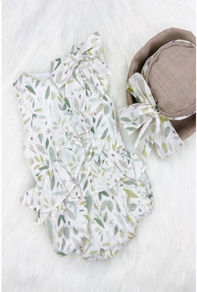 Colored Baby Kız Bebek Fırfır ve Fiyonk Detaylı Tulum ve Hasır Şapka Colored Baby Kız Bebek Fırfır ve Fiyonk Detaylı Tulum ve Hasır Şapka