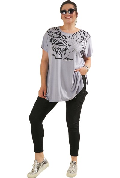 Siyezen Gri Büyük Beden Salaş Önü Baskı Detaylı Bluz