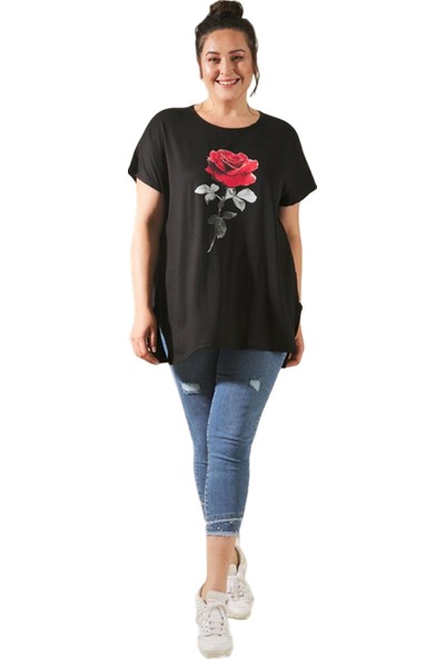Siyezen Siyah Büyük Beden Salaş Gül Baskılı Bluz Siyezen Siyah Büyük Beden Salaş Gül Baskılı Bluz