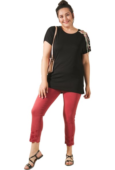 Siyezen Kiremit Büyük Beden Paça Nakış Detaylı Full Likralı Pantolon