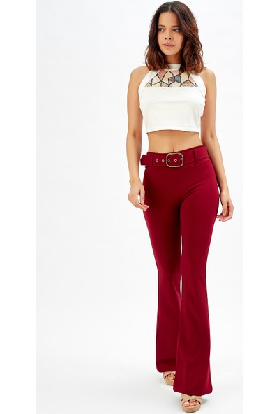Sense Bordo Kemerli Örme Kumaş Ispanyol Paca Pantolon