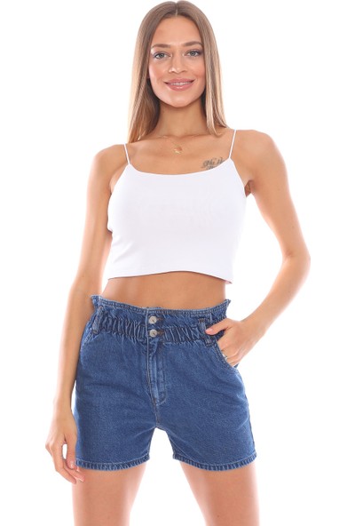 PodiumStar Beli Lastikli Büzgülü Kot Şort